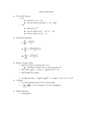 CS381 Midterm Cheat Sheet - O - Upper, Ω - lower, Θ - tightest F: Θ(n ...