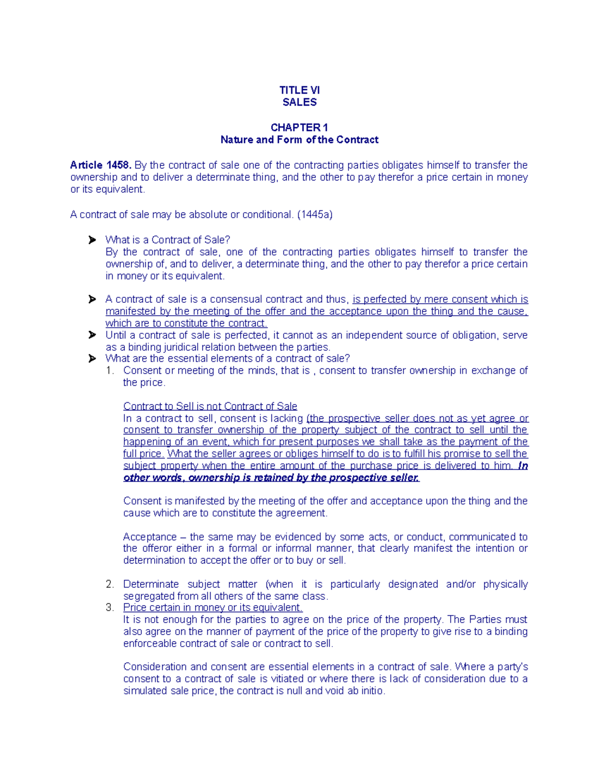 Law-on-sales first-quiz - TITLE VI SALES CHAPTER 1 Nature and Form of ...