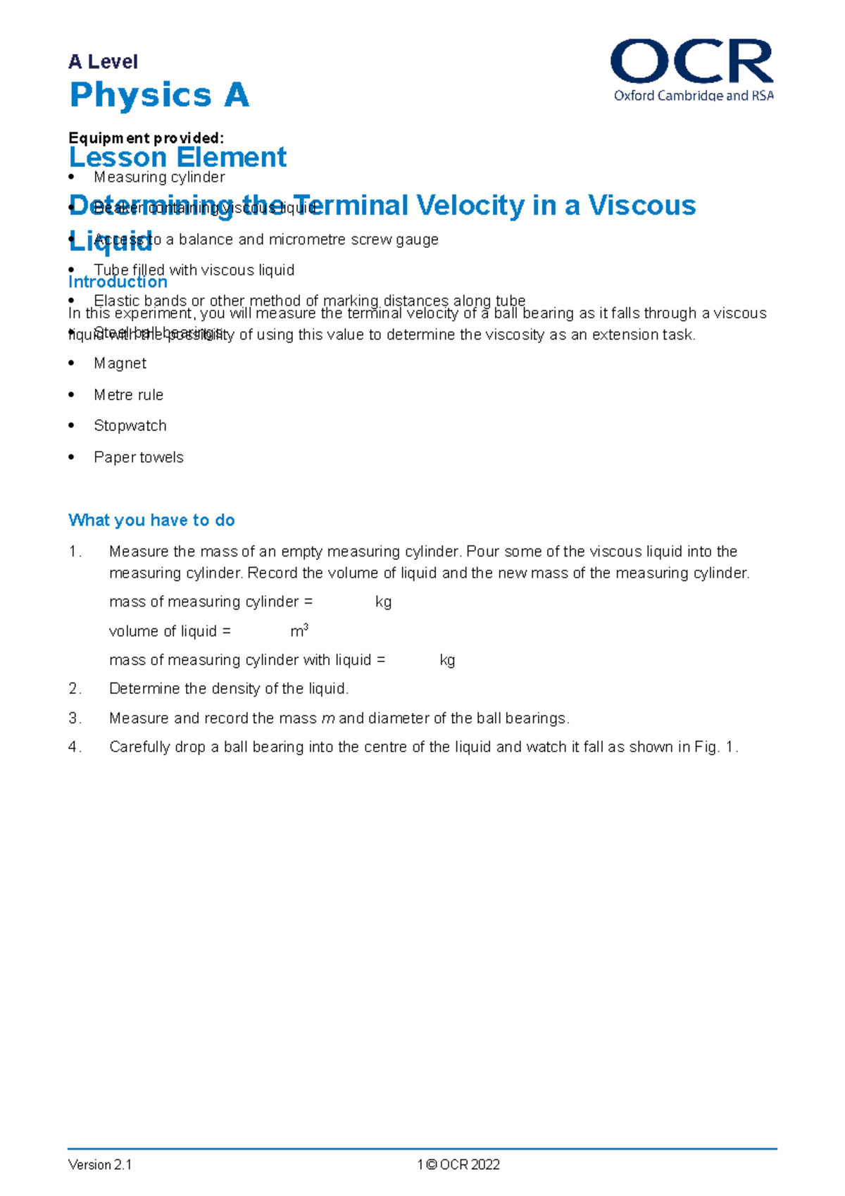 169860 determining the terminal velocity in a viscous liquid activity ...