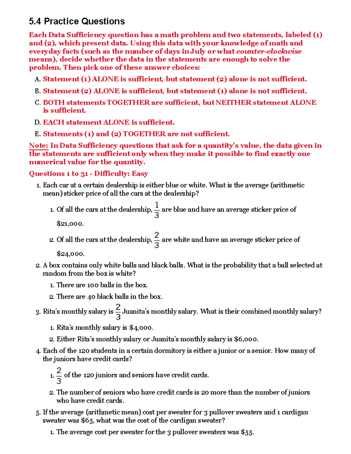 Data Insights OG Ques 23-24 - 5 Practice Questions Each Data Sufficiency question has a math ...