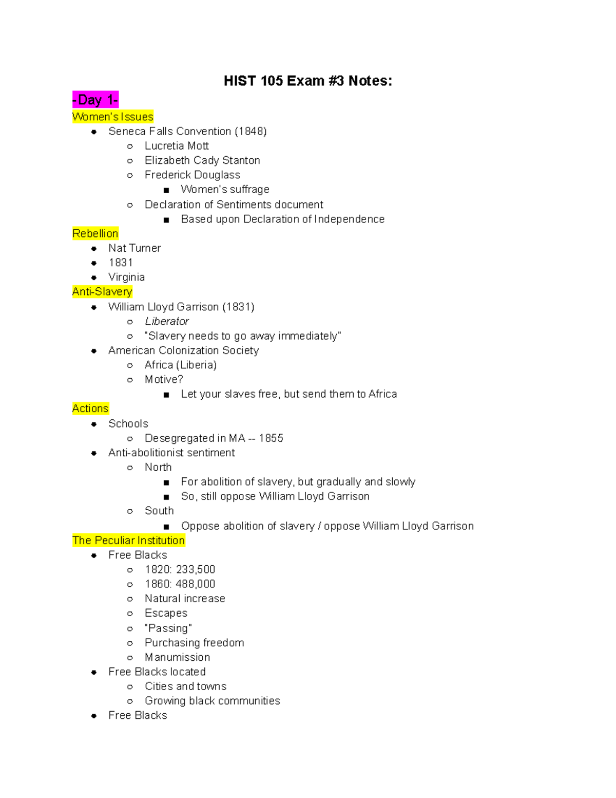 HIST 105 Exam #3 Notes - HIST 105 Exam #3 Notes: -Day 1- Women’s Issues ...