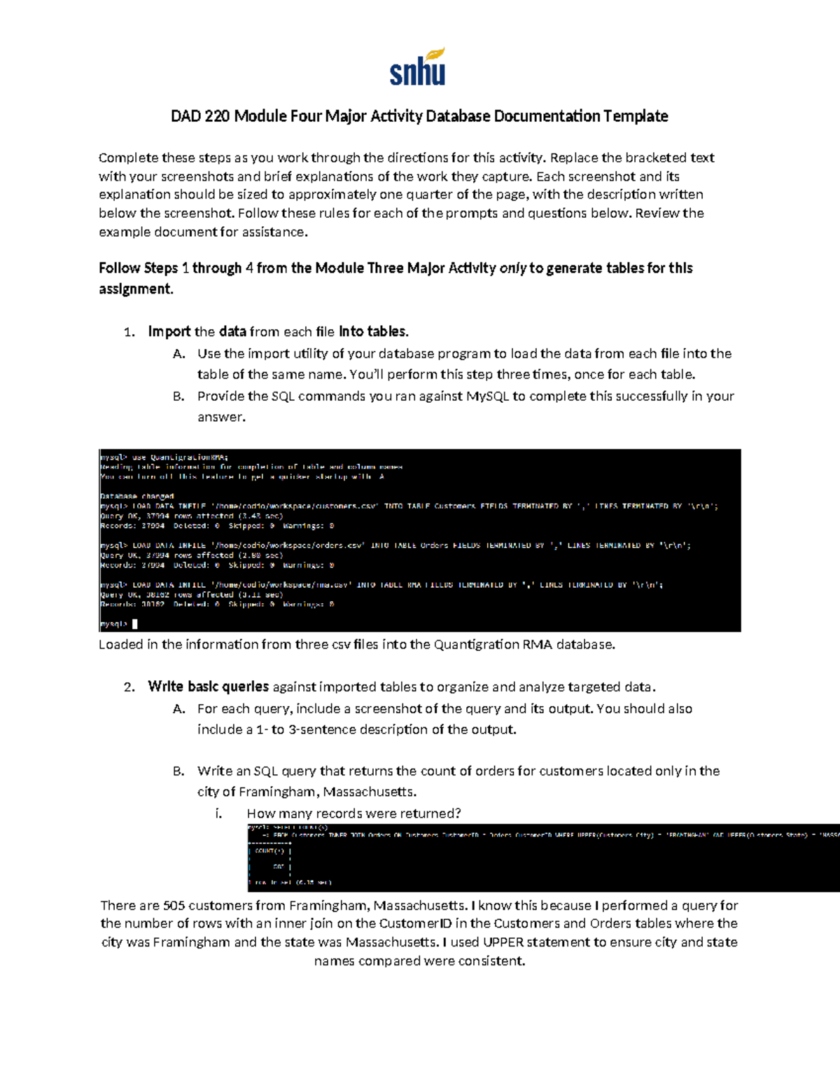 DAD 220 Mod4 Major Activity Database Documentation Template - DAD 220 Module Four Major Activity ...