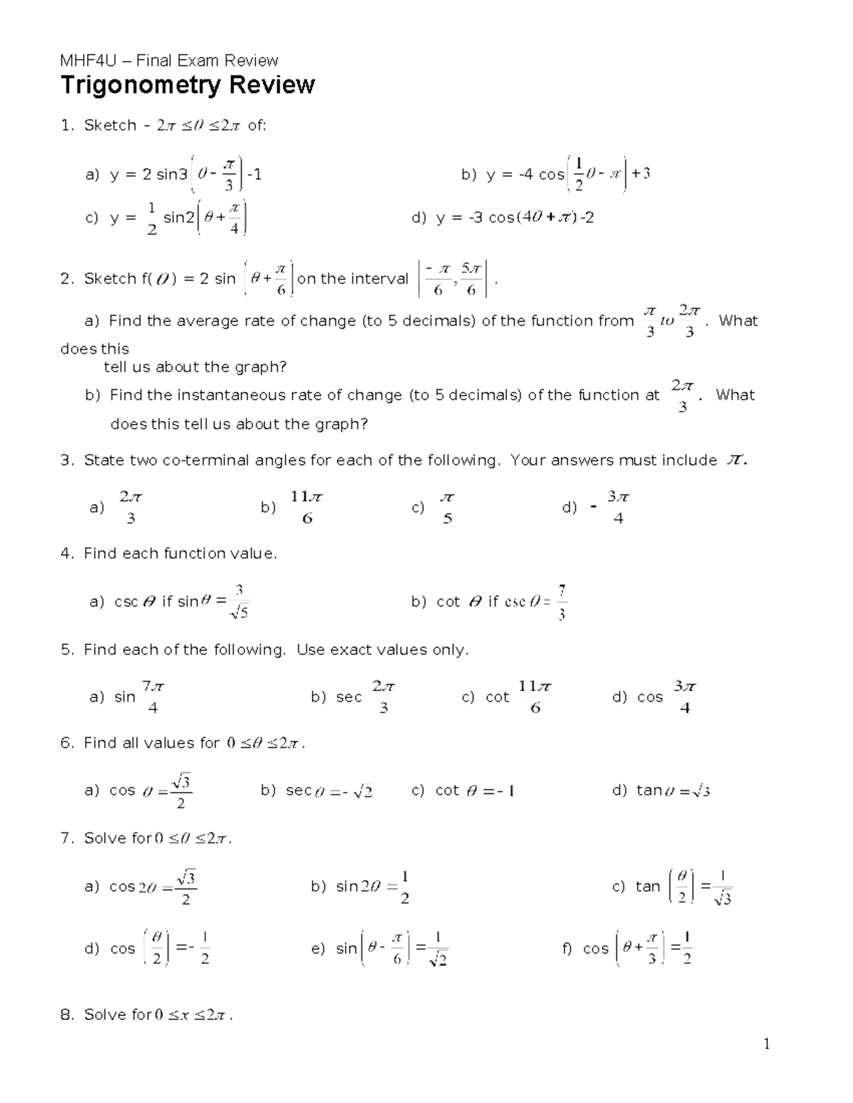 4u Trigonometry exam Review - Trigonometry Review 1. Sketch of: a) y ...