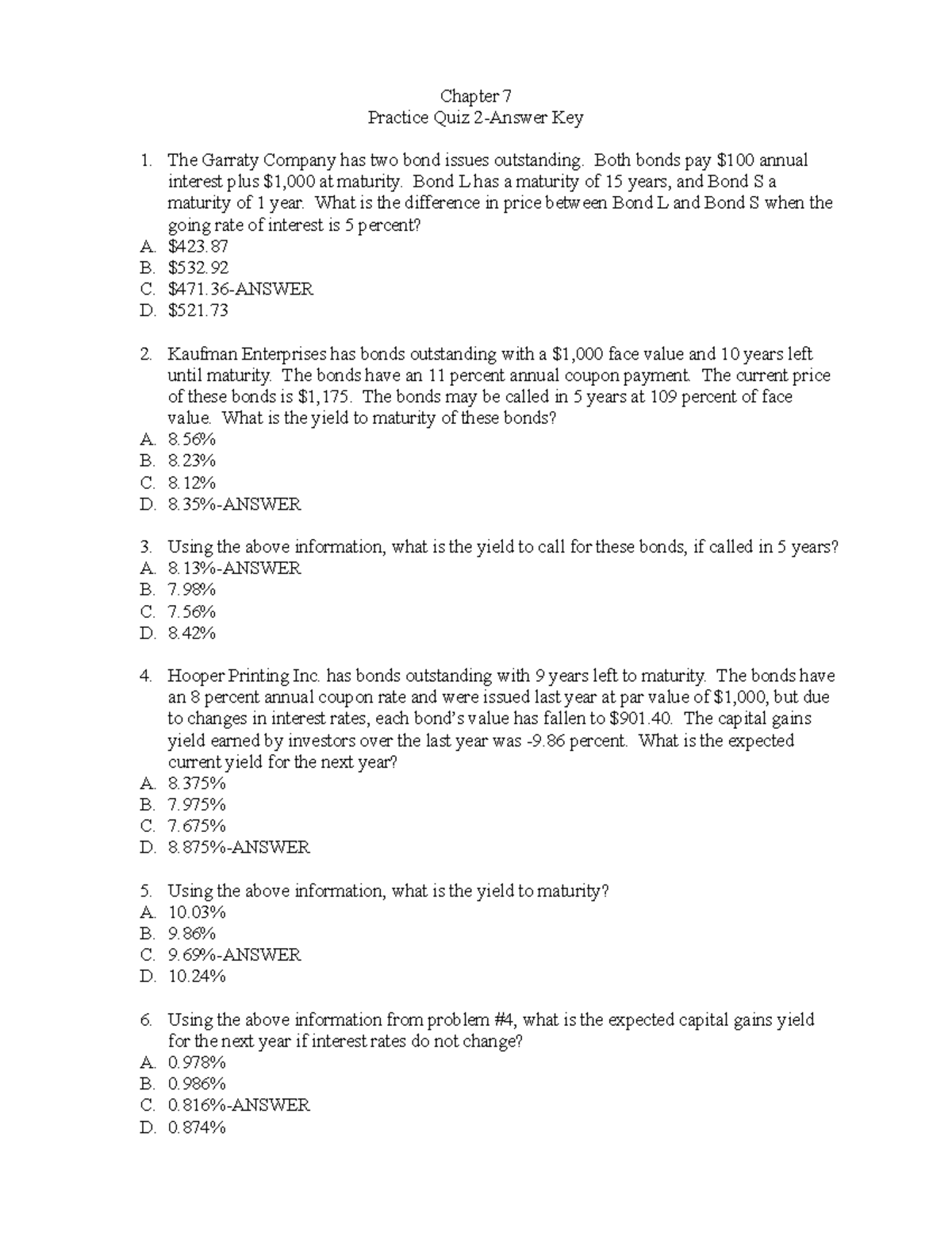 FIN 301 Porter Chapter 7-2-Answer Key - Chapter 7 Practice Quiz 2 ...