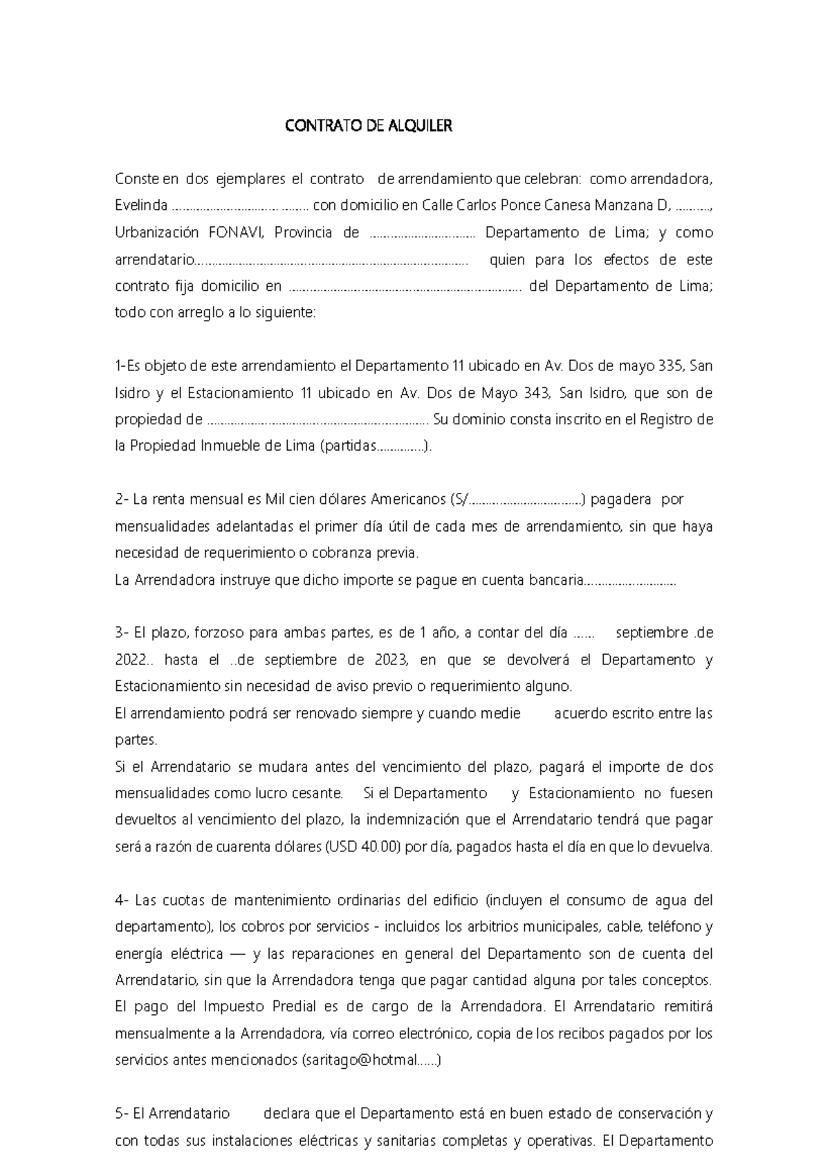 Contrato Alquiler DOS DE MAYO - CONTRATO DE ALQUILER Conste en dos ...