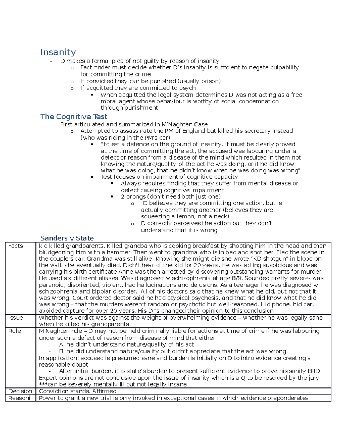 Insanity - Summary of Concept - Insanity D makes a formal plea of not ...