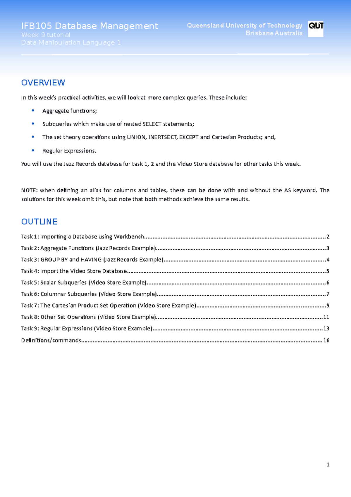 IFB105 week 9 tutorial worksheet...really helpful - IFB105 Database Management Week 9 tutorial ...