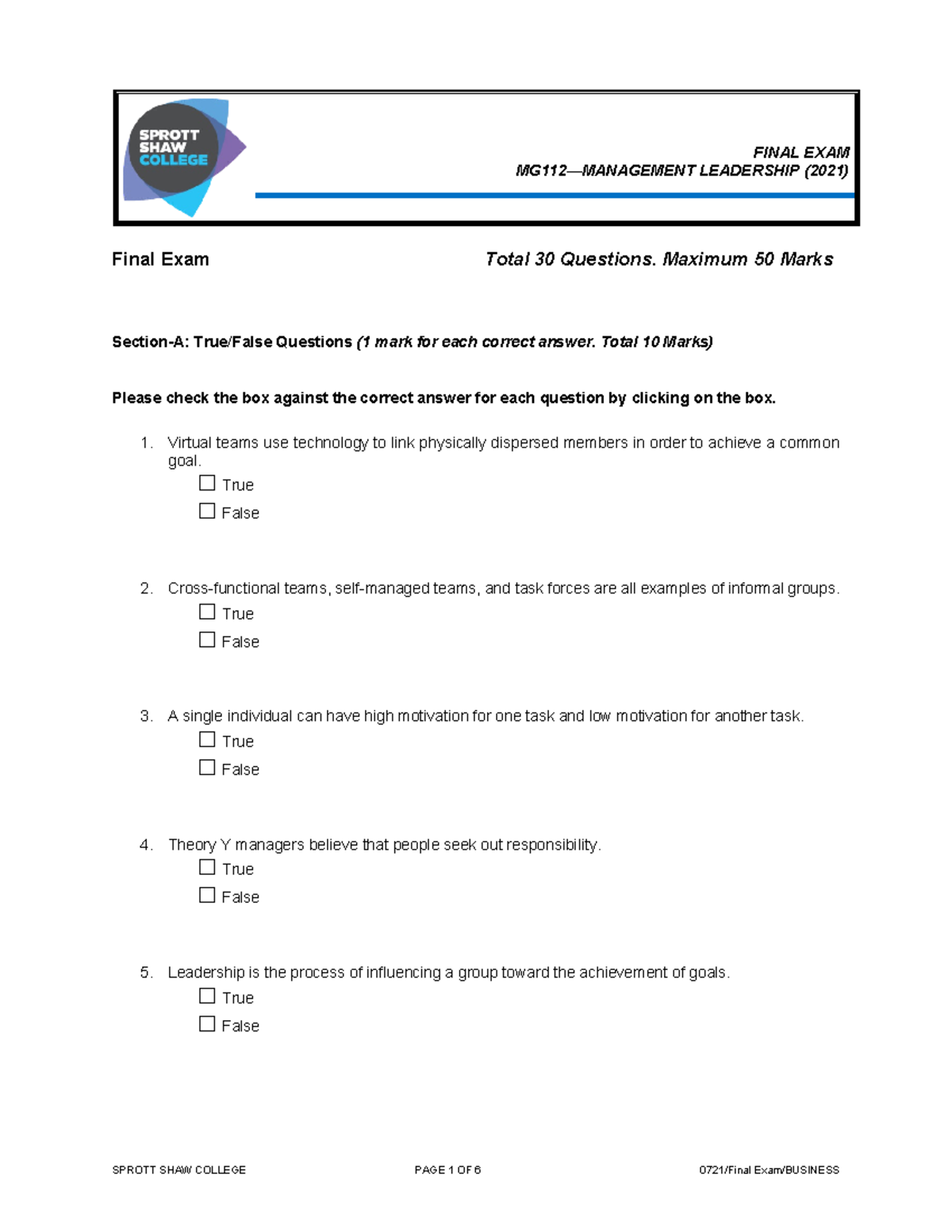 MG112 - Final Exam 2021[11149 ] - FINAL EXAM MG112—MANAGEMENT ...