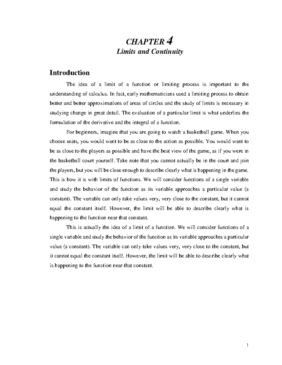 Chapter 4(Limits and Continuity) - CHAPTER 4 Limits and Continuity Introduction The idea of a ...