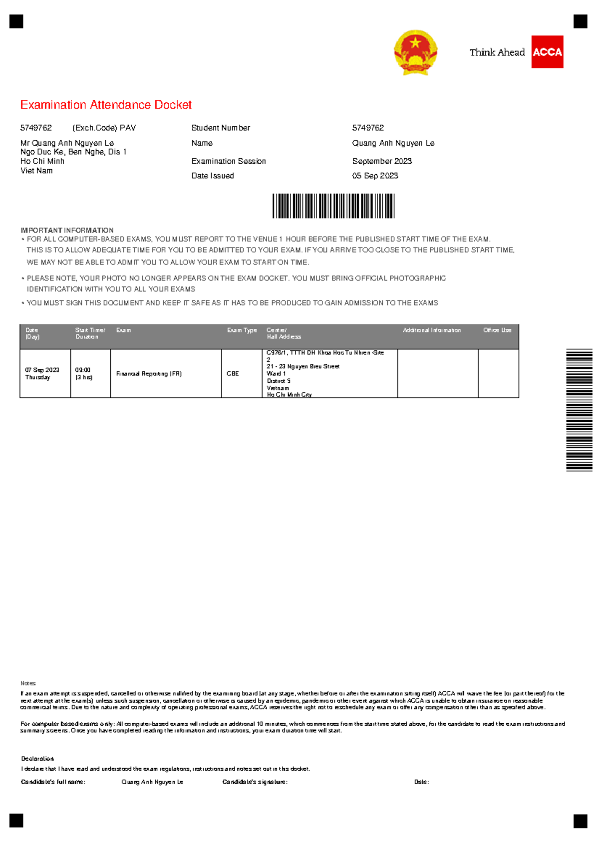 Docket Report - Examination Attendance Docket Student Number Name ...