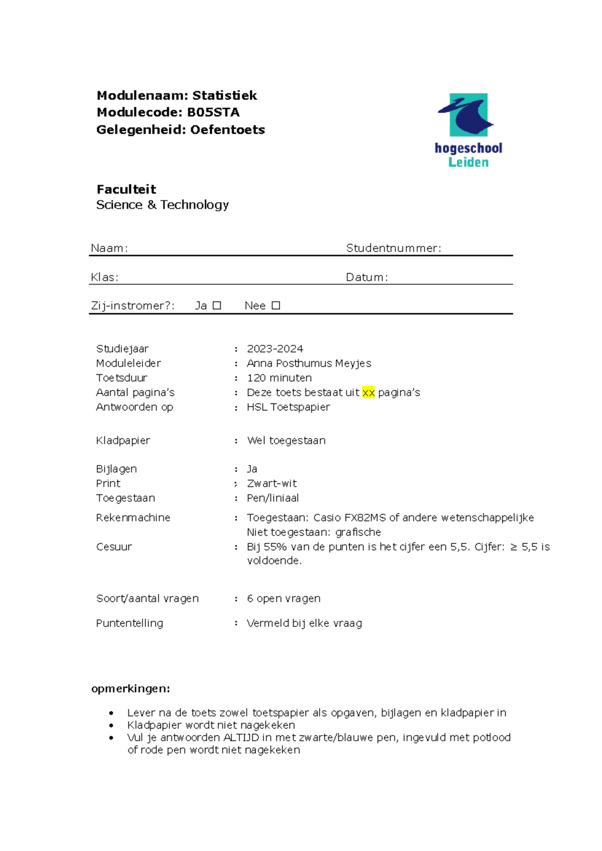 2425 B05STA Oefentoets 2 met antwoorden - Modulenaam: Statistiek ...