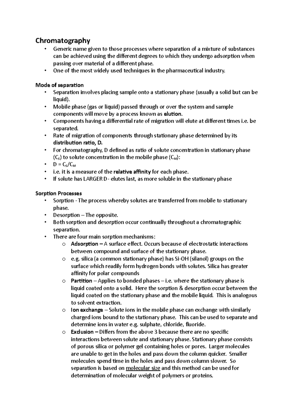 Chromatography notes - barton - Chromatography Generic name given to ...
