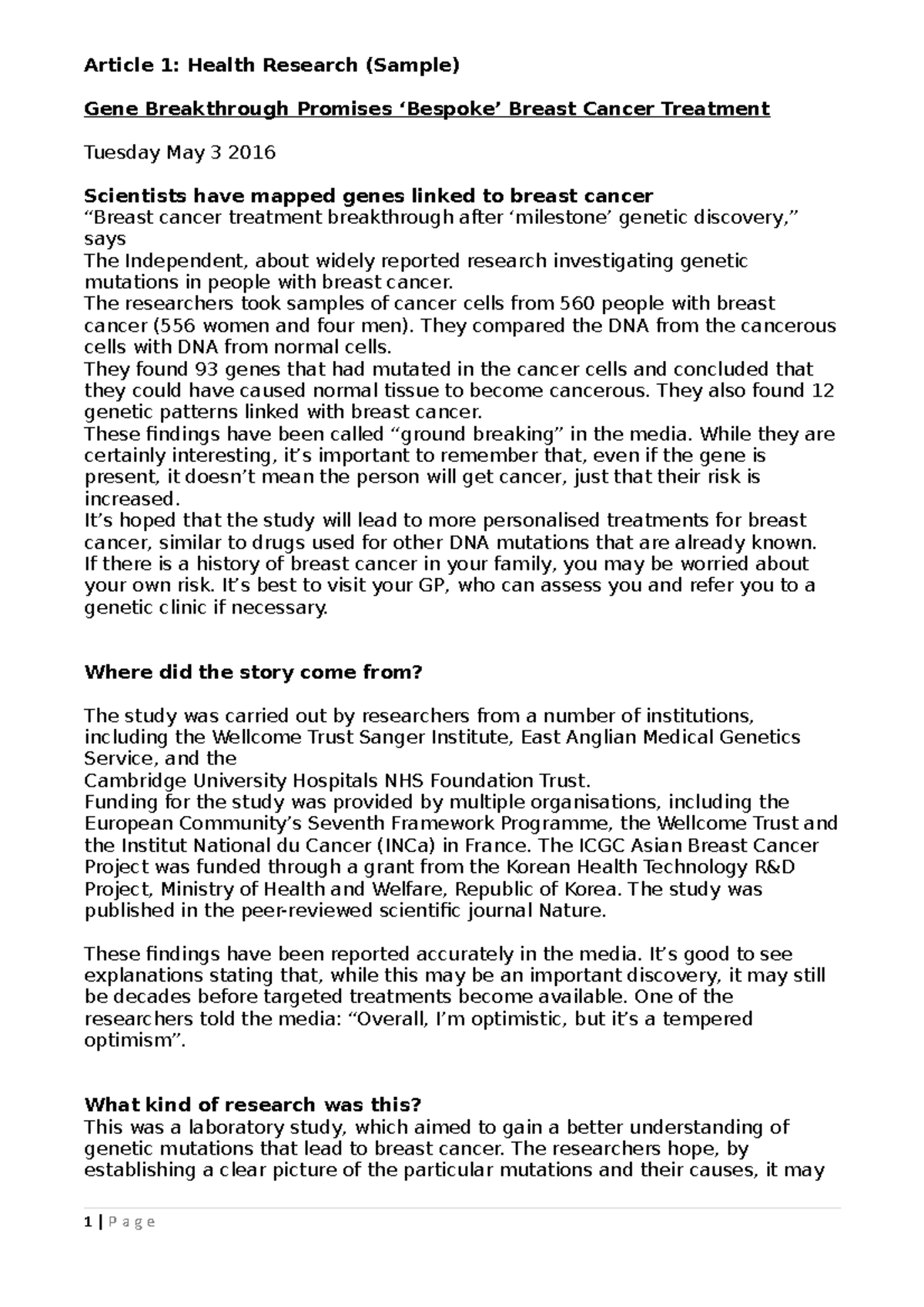 Article 2 Health (sample) - Article 1: Health Research (Sample) Gene ...