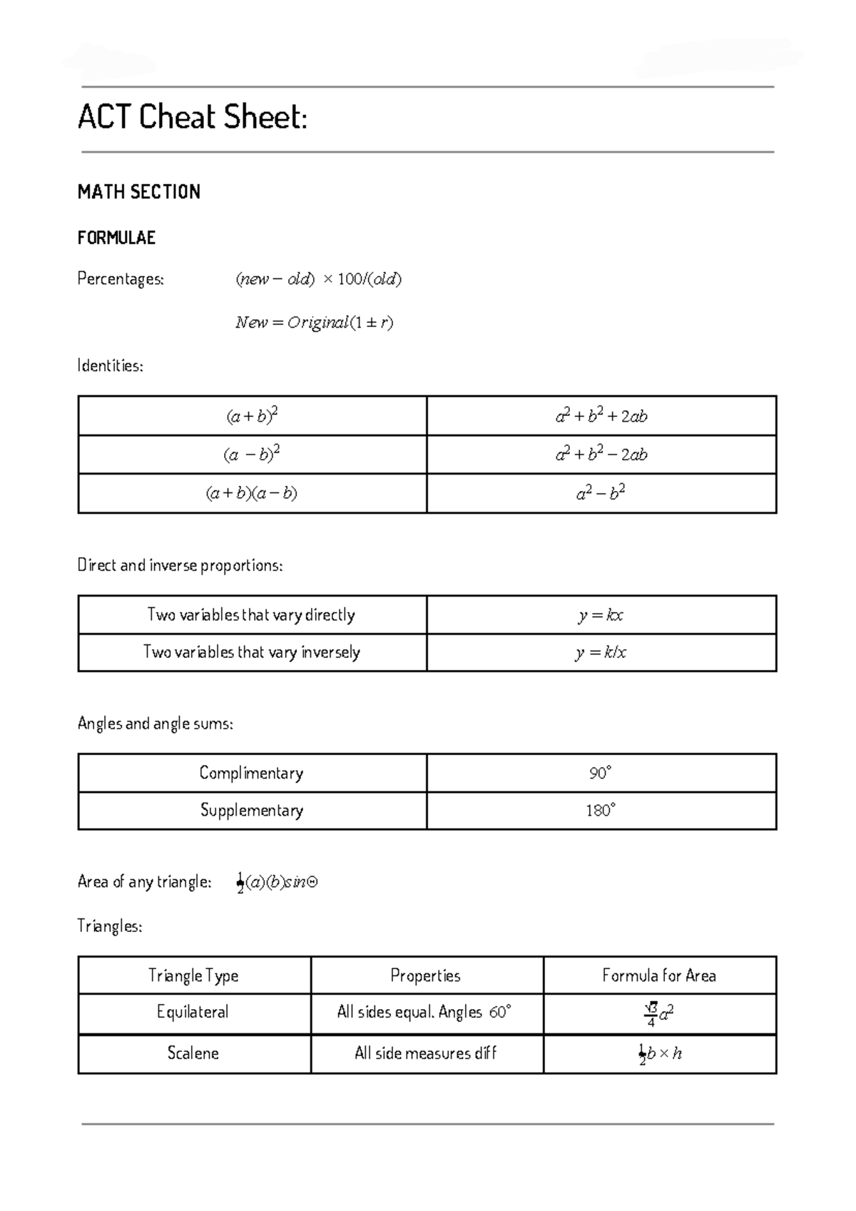 Math formula sheet - c %' 8 'LIEX 7 LIIX cc c c 1 % 8 , 7 )' 8 - 32 c ...