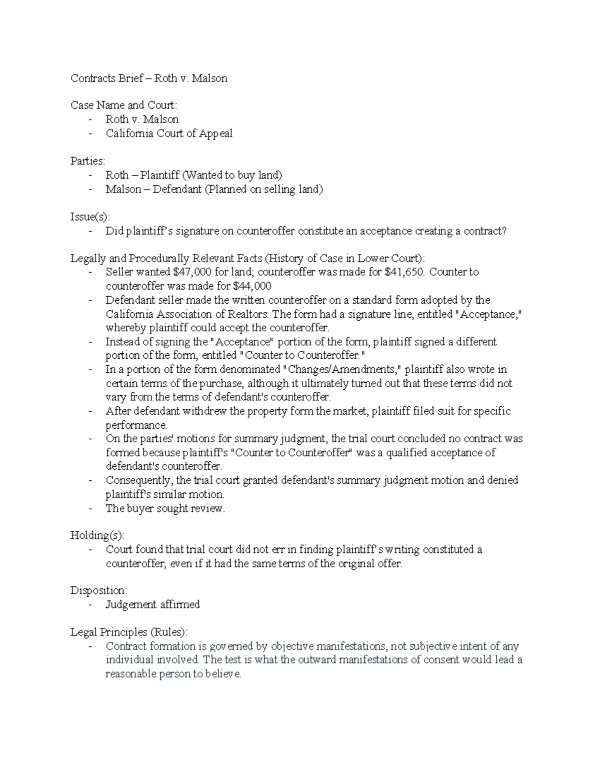 Roth v. Malson Brief - Contracts Brief – Roth v. Malson Case Name and ...