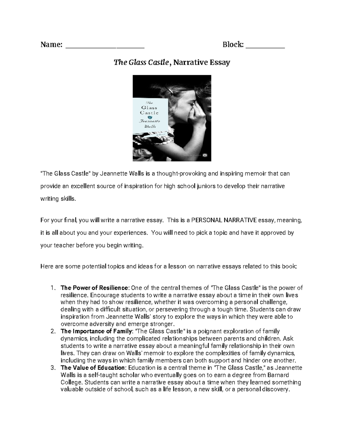 Glass Castle Narrative Essay topics - Name: ______________ Block ...