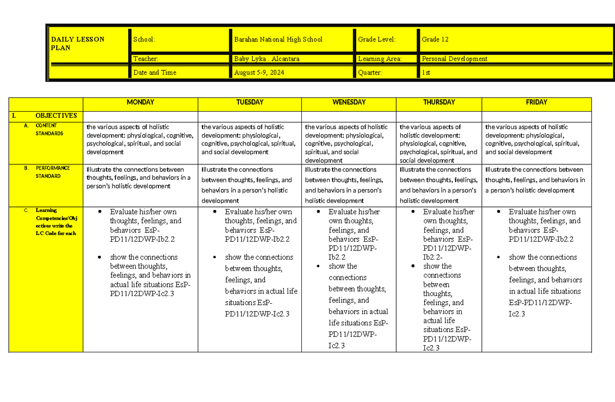 2ND WEEK Perdev 12 - Copy - Copy - Copy - DAILY LESSON PLAN School ...