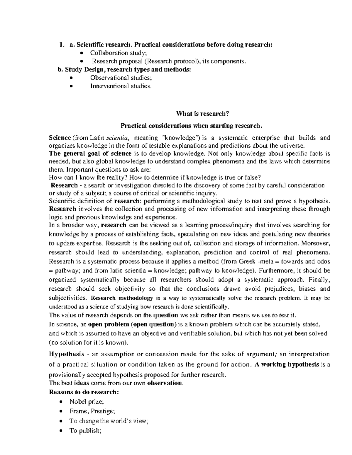 1 Handout - notes - a. Scientific research. Practical considerations ...