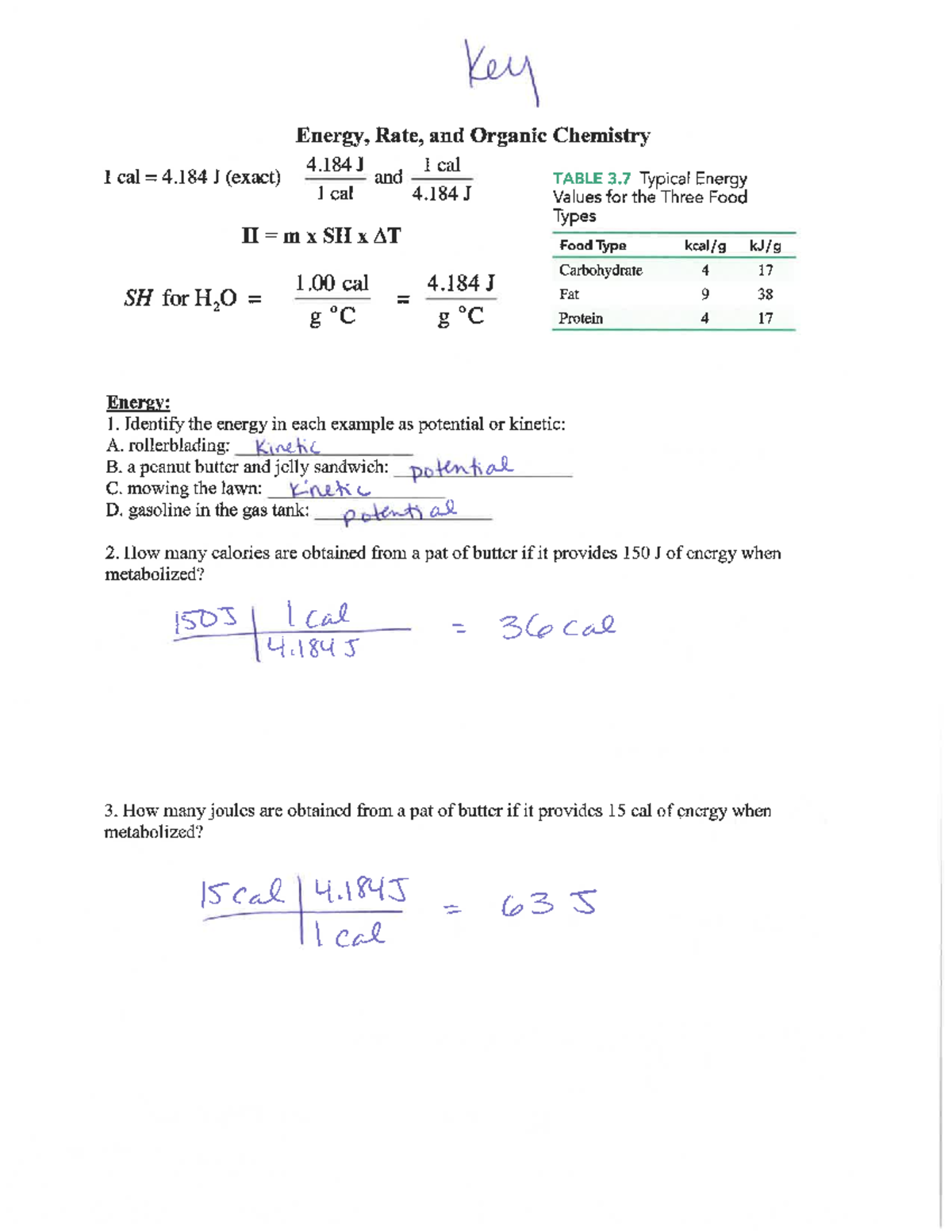 Topic 4 WS KEY - chem - key Energy, Rate, and Organic Chemistry 4 J 1 ...