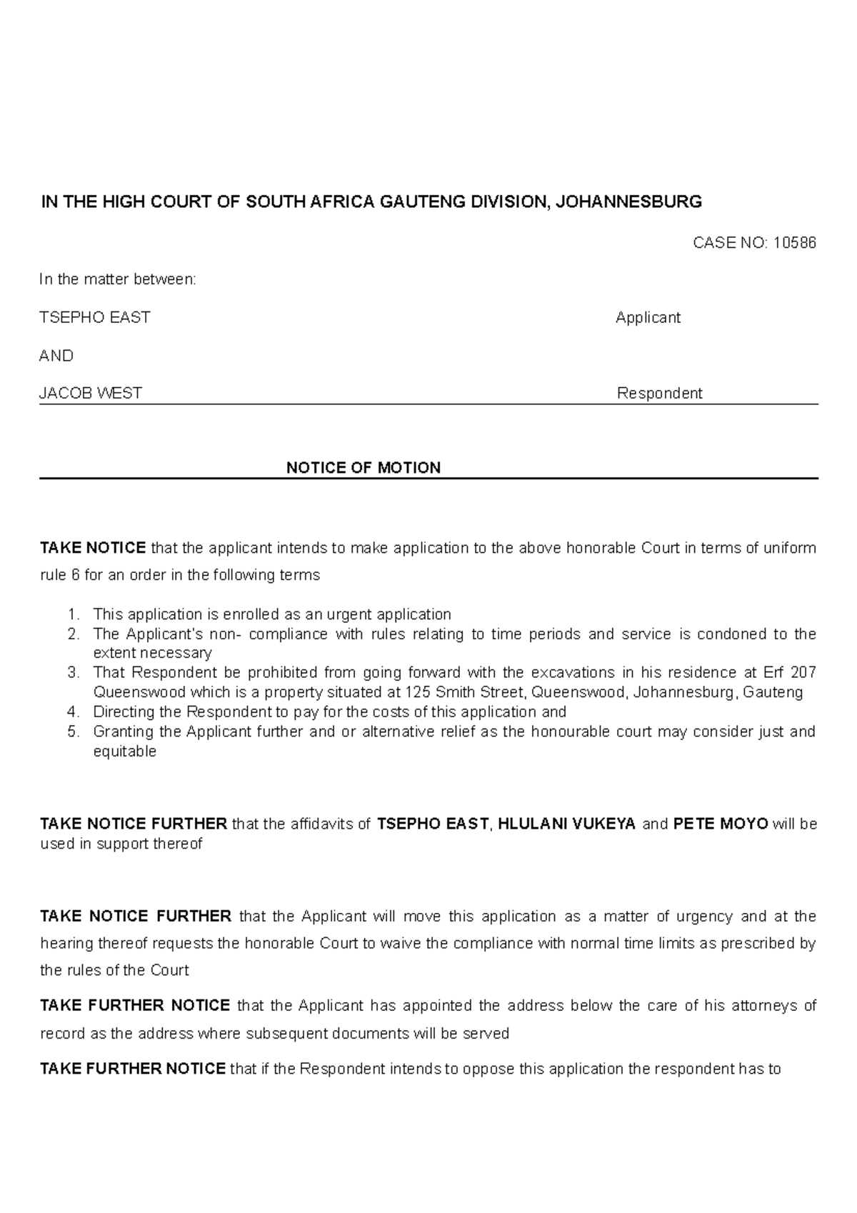 Tsepho east notice of motion - IN THE HIGH COURT OF SOUTH AFRICA ...