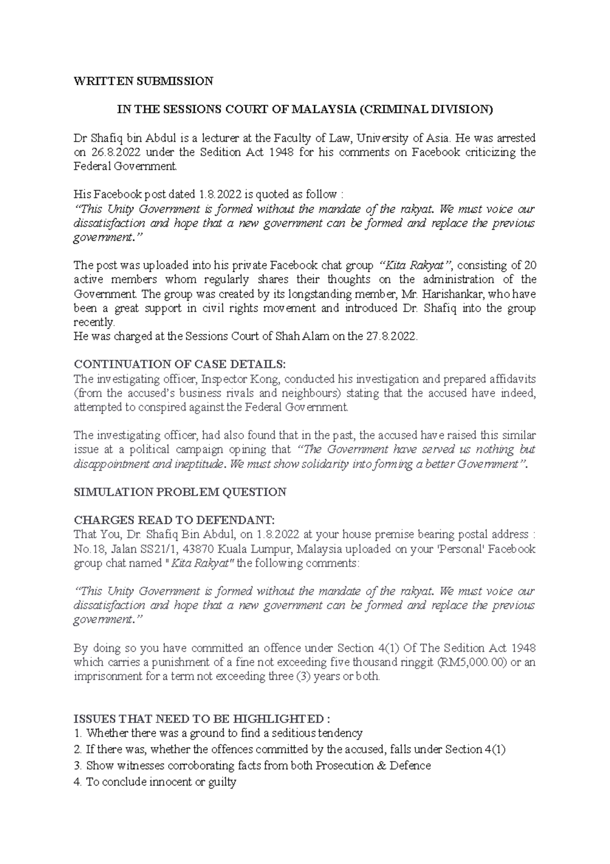 Written Submission - WRITTEN SUBMISSION IN THE SESSIONS COURT OF ...