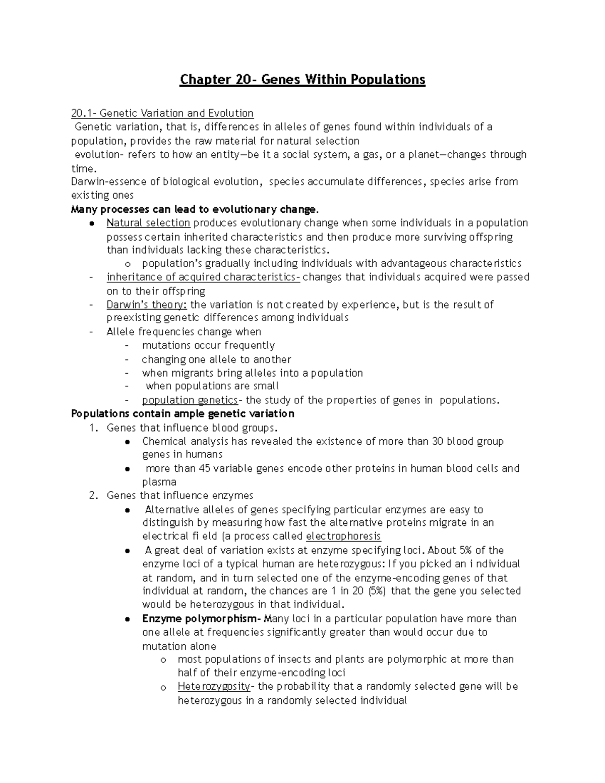 Genbio ch20 Outline - Chapter 20- Genes Within Populations 20- Genetic ...