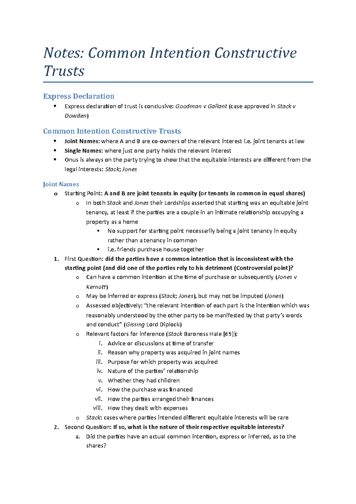Notes Common Intention Constructive Trusts - Notes: Common Intention ...