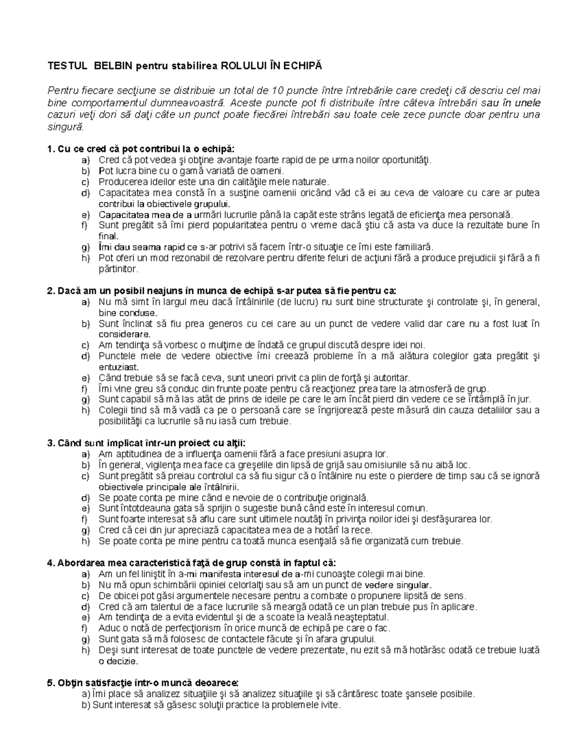 Document - teste practice - TESTUL BELBIN pentru stabilirea ROLULUI ÎN ...