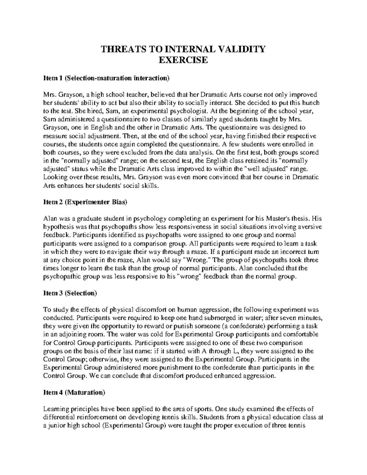 Threats to Internal Validity - THREATS TO INTERNAL VALIDITY EXERCISE ...