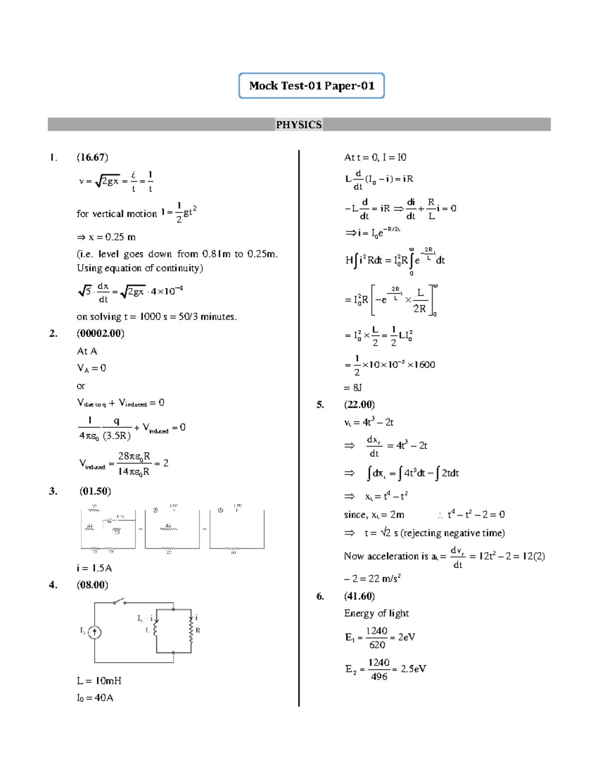 Aits 1 Paper 1 - itsss - PHYSICS (16) 1 v 2gx t t = = = for vertical ...