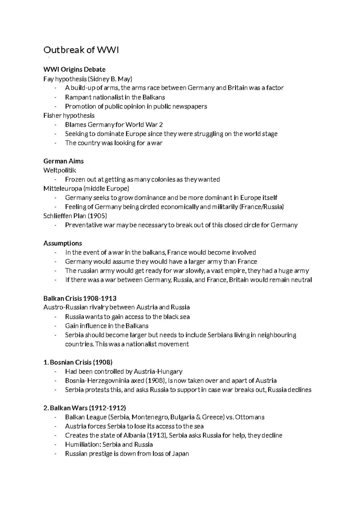 Outbreak of WWI - Lecture Notes - Outbreak of WWI WWI Origins Debate ...