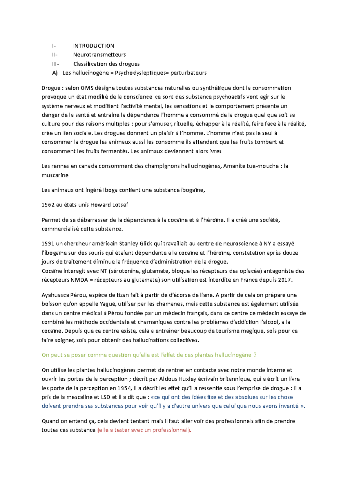 Les drogues - I- INTRODUCTION II- Neurotransmetteurs III ...