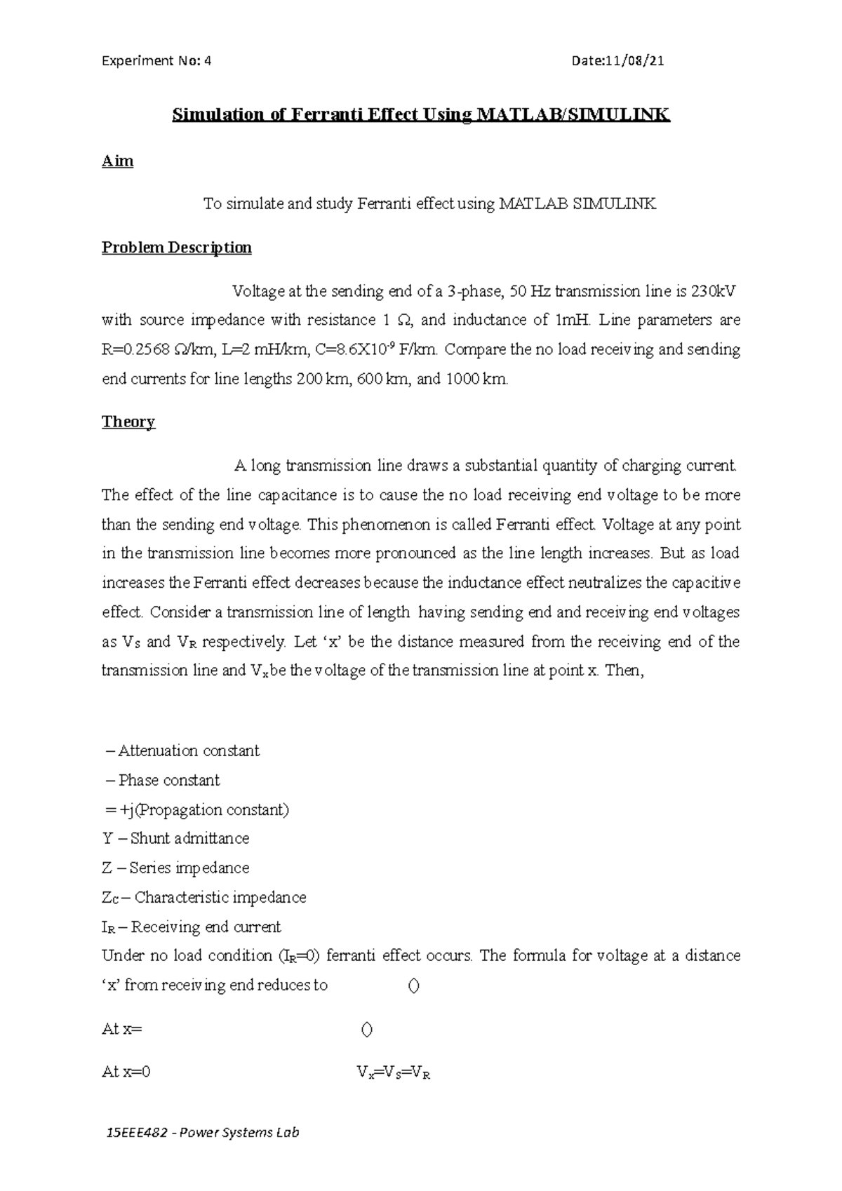 Power System Lab Experiment 5 - Simulation of Ferranti Effect Using MATLAB/SIMULINK Aim To ...