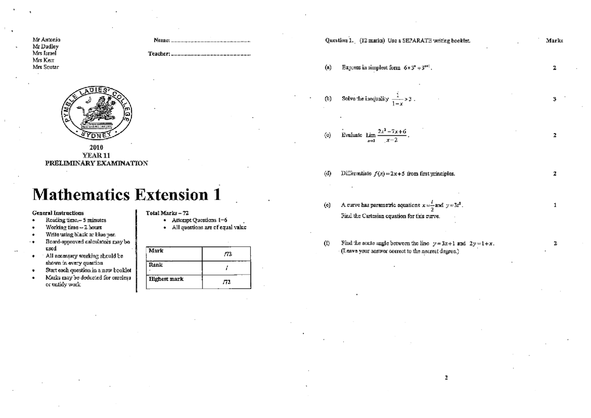 Practice Extension - Mr Antonio Name: Question 1. (12 marks) Use a ...