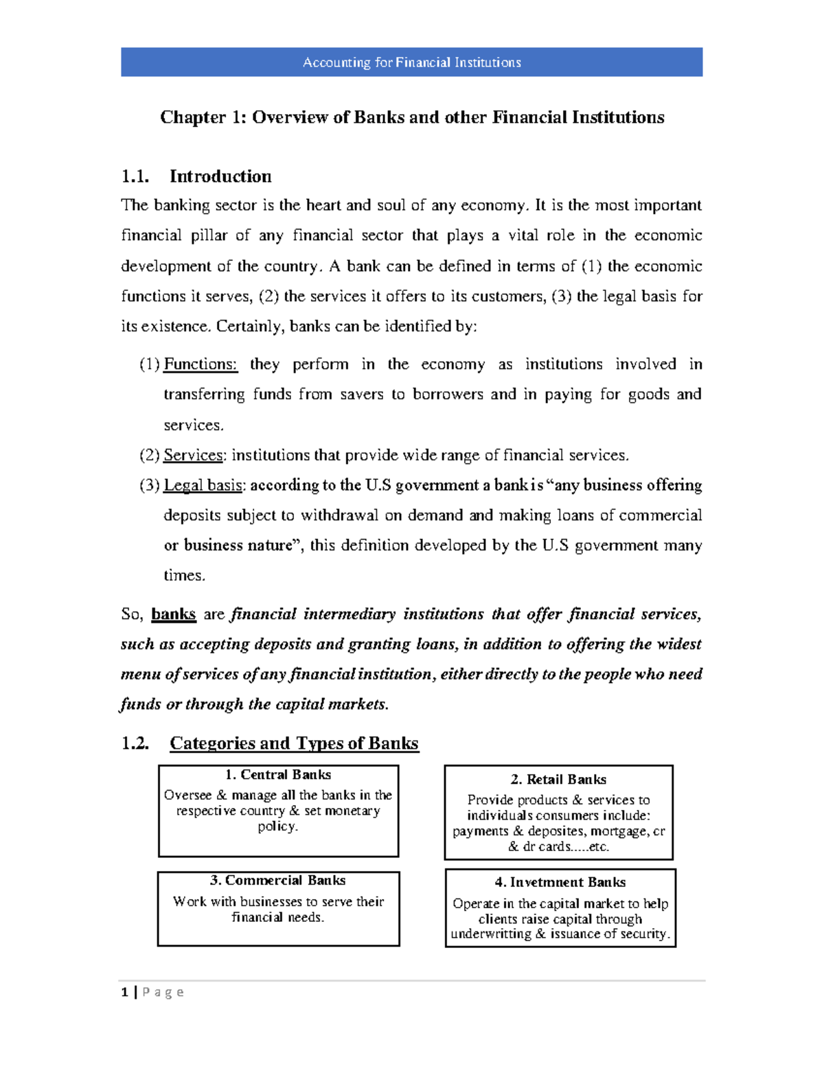 Chapter 1 - vgkuy - Chapter 1: Overview of Banks and other Financial ...