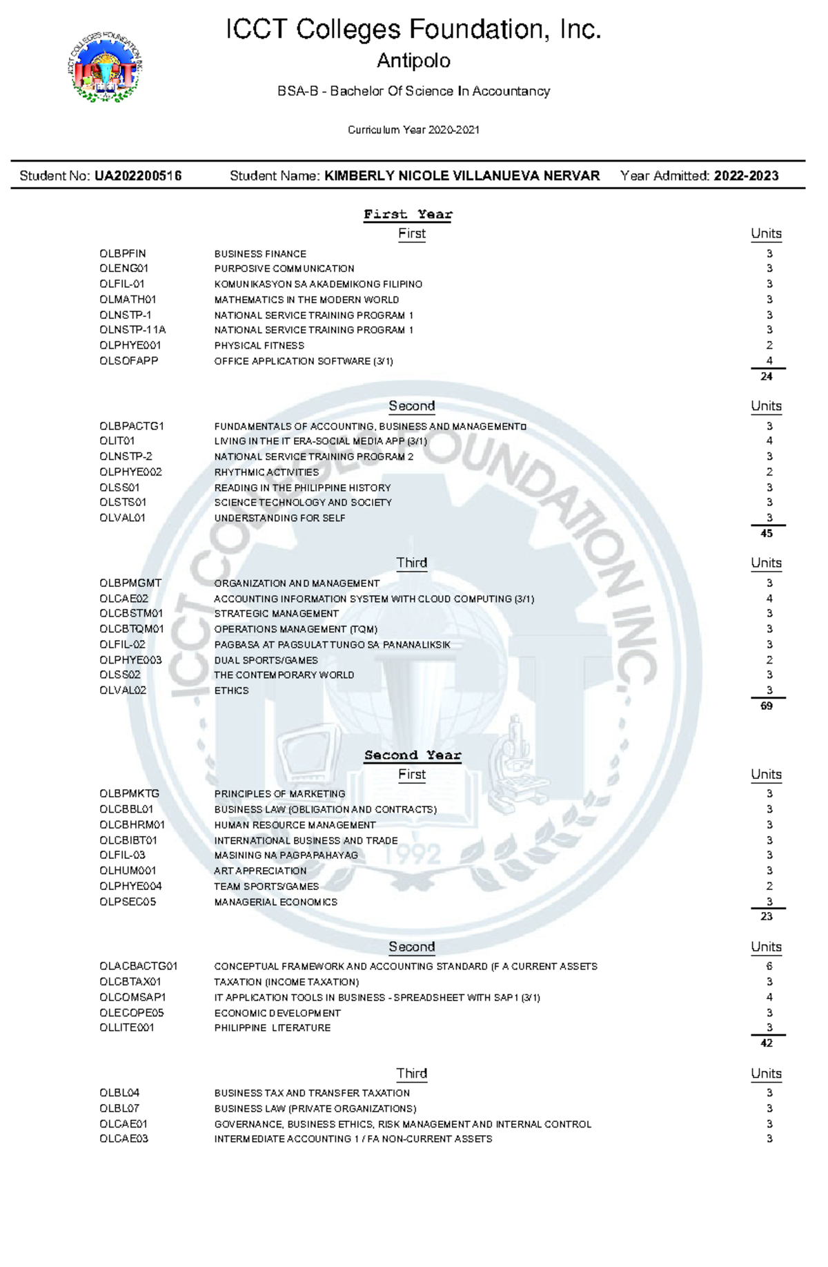 'Student Evaluation' - Courses per Semester - ICCT Colleges Foundation ...