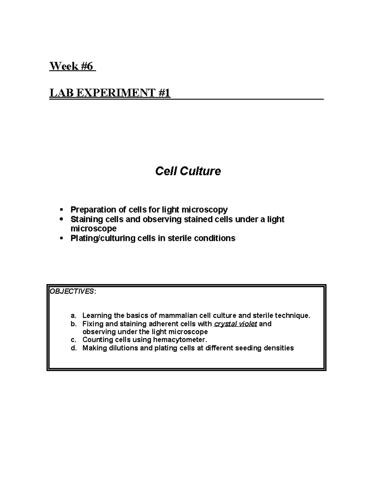 Week 6,7,8 Lab Manual - Week LAB EXPERIMENT Cell Culture Preparation of ...