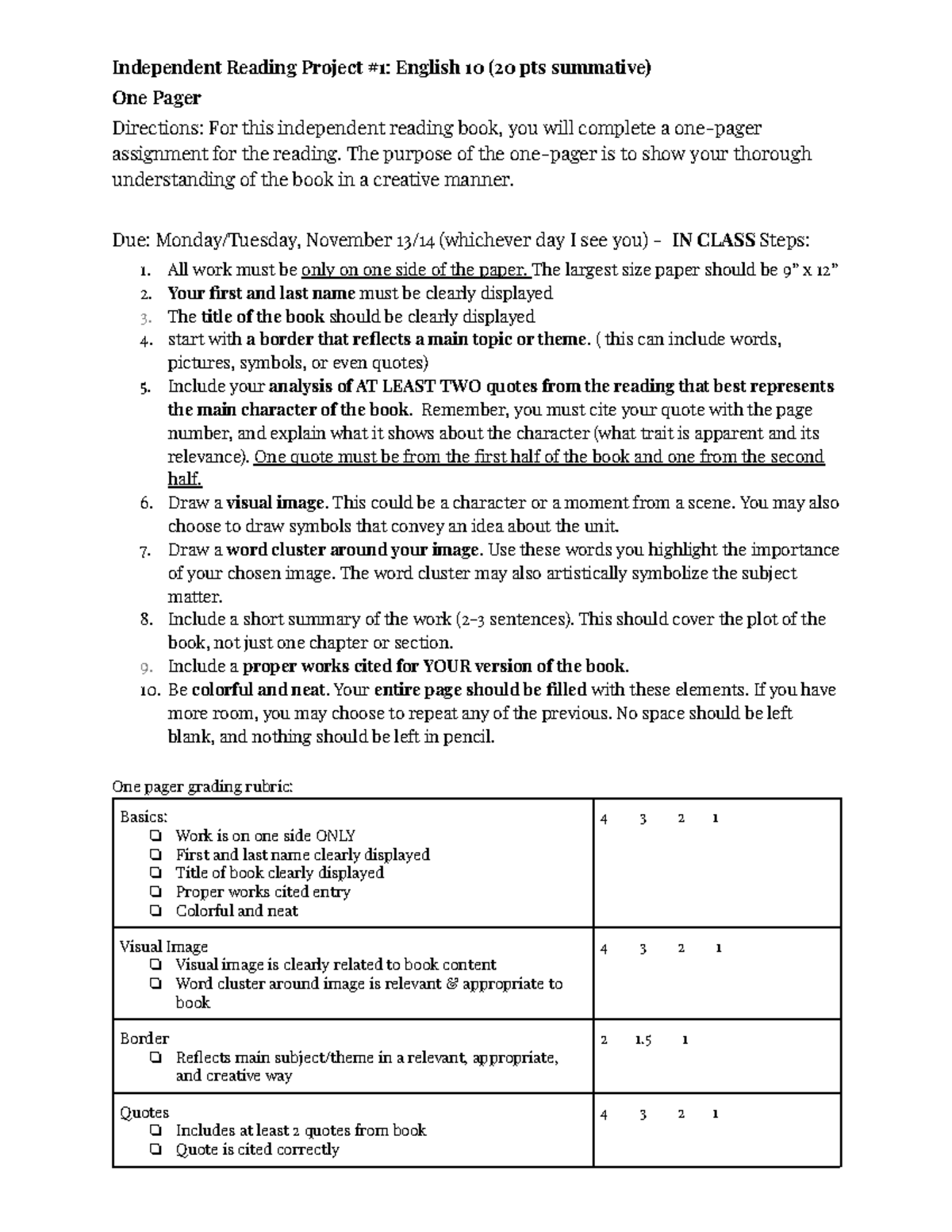 One pager instructions - 10th - Independent Reading Project #1: English ...