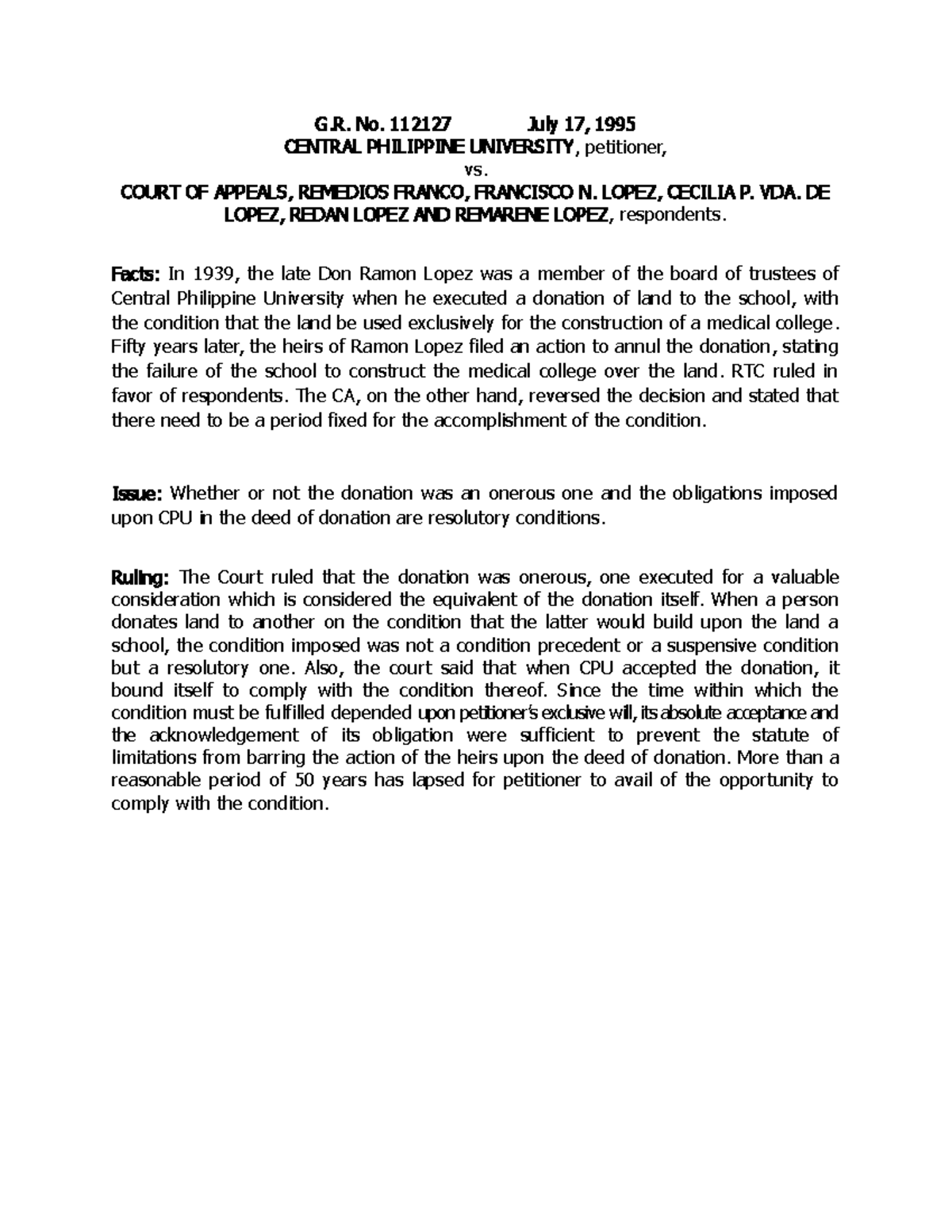 Obli- digest - G. No. 112127 July 17 , 1995 CENTRAL PHILIPPINE ...