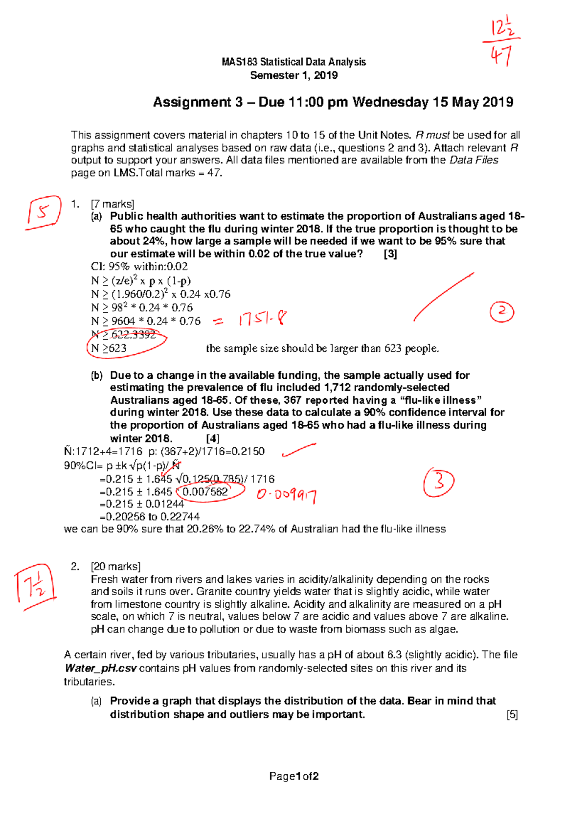 Assign 3 with feedback - Page 1 of 2 MAS183 Statistical Data Analysis Semester 1, 2019 ...
