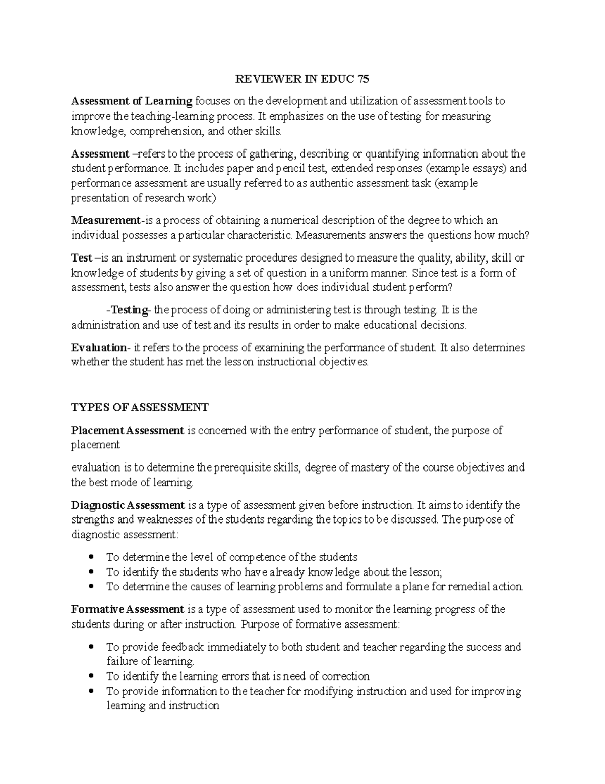Reviewer IN EDUC 75 - REVIEWER IN EDUC 75 Assessment of Learning ...