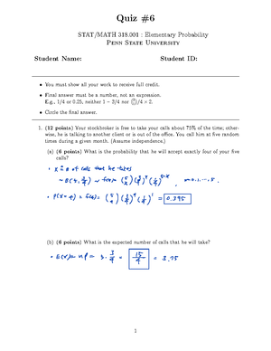 Quiz 03 sol - quiz 3 question and solution - Quiz ####### STAT/MATH 318 ...
