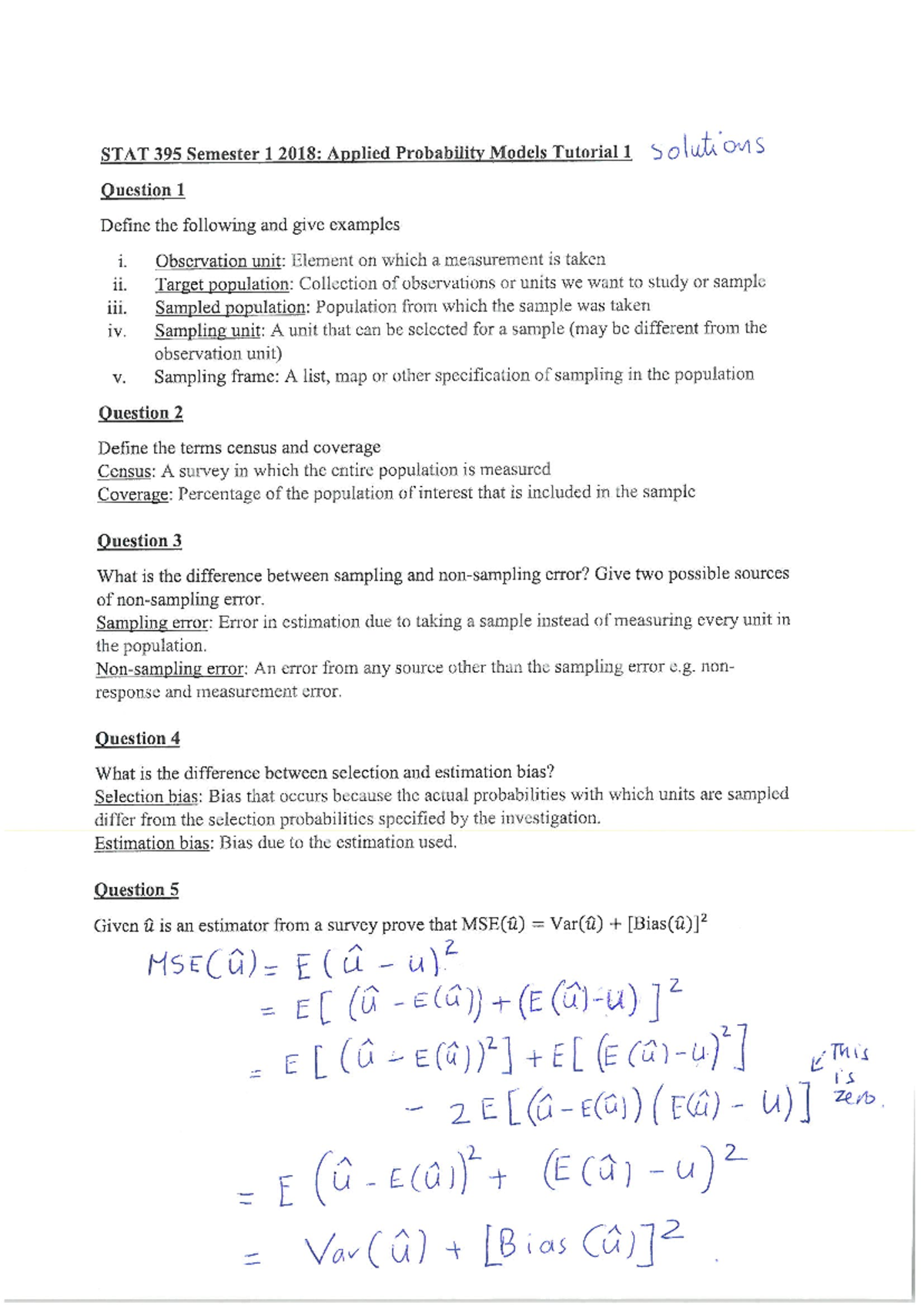 Tut 1 solutions - STAT 395 Semester 1 2018: Applied Probability Models ...