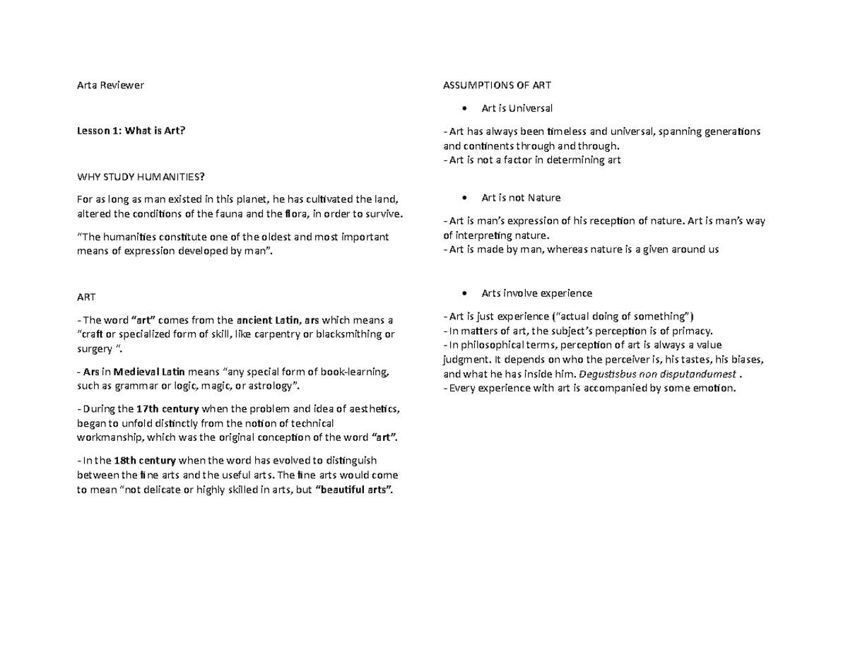 Arta-Reviewer - ARTA - Arta Reviewer Lesson 1: What is Art? WHY STUDY ...