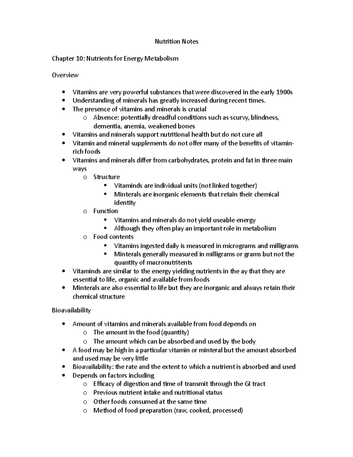 Nutrition Notes 2 - Nutrition Notes Chapter 10: Nutrients for Energy ...