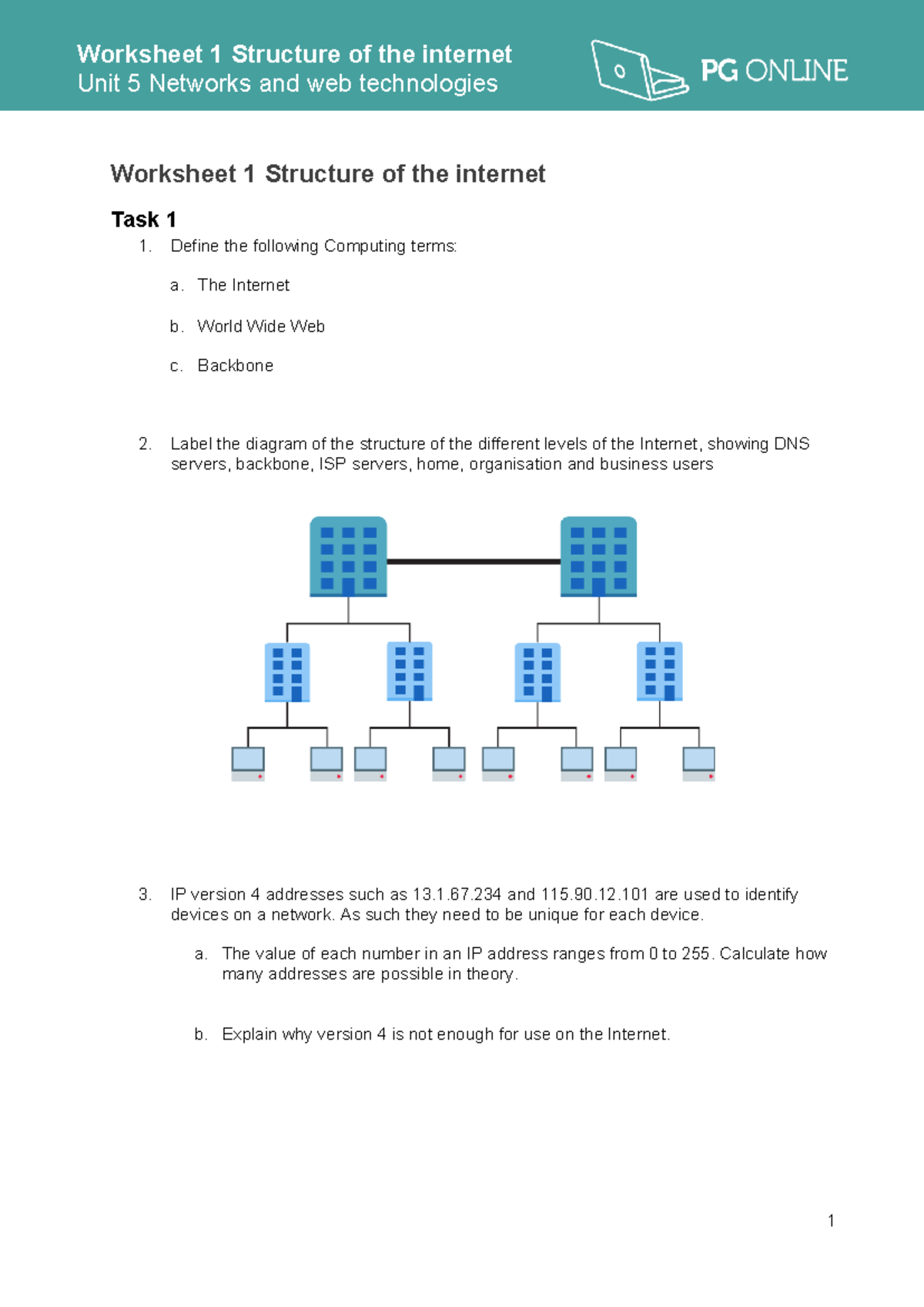 Networks Worksheet 1 Structure of the Internet - Unit 5 Networks and web technologies Worksheet ...