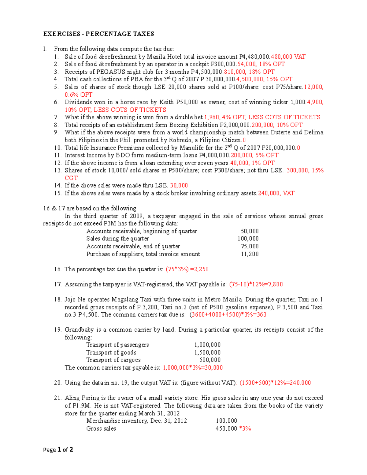 Toaz - Practice Materials - EXERCISES - PERCENTAGE TAXES I. From the ...
