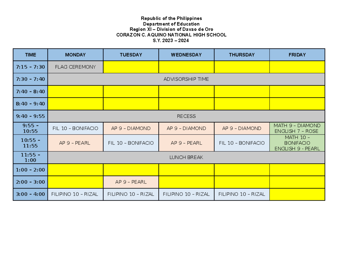 Class Schedule - for their assignment - Republic of the Philippines ...