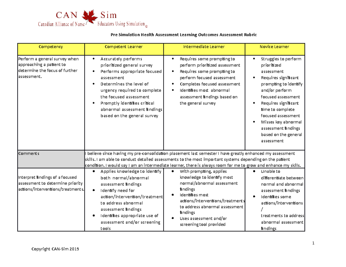 Pre Simulation Physical-Assessment-Learning-Outcomes-Self-Assessment ...