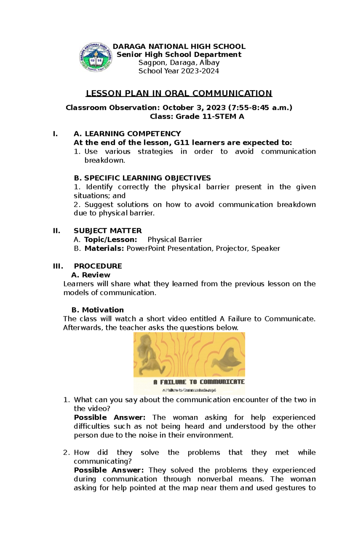 Lesson PLAN IN Communication Breakdown COT1 2023 - DARAGA NATIONAL HIGH ...